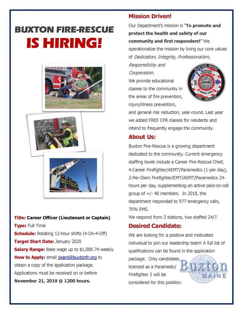Job Posting – Career Officer – Buxton Fire-Rescue
